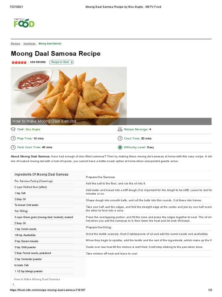 Moong Daal Samosa Recipe | PDF | Desi Cuisine | South Asian Cuisine
