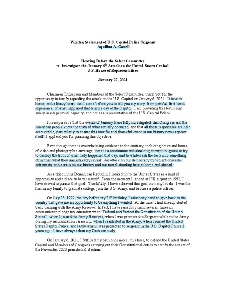 USCP Officer Aquilino A. Gonell Written Testimony July 27th | PDF ...