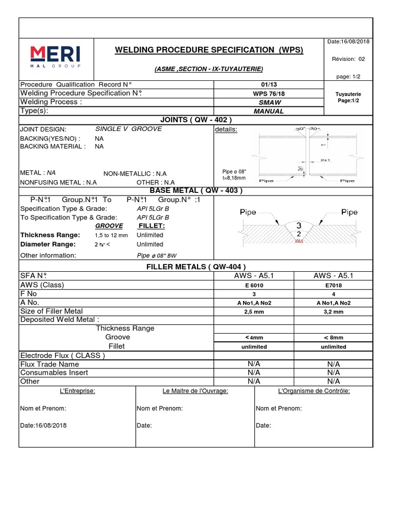 WPS Pipe 08'' SHD 40 SMAW REV02 | PDF | Welding | Construction