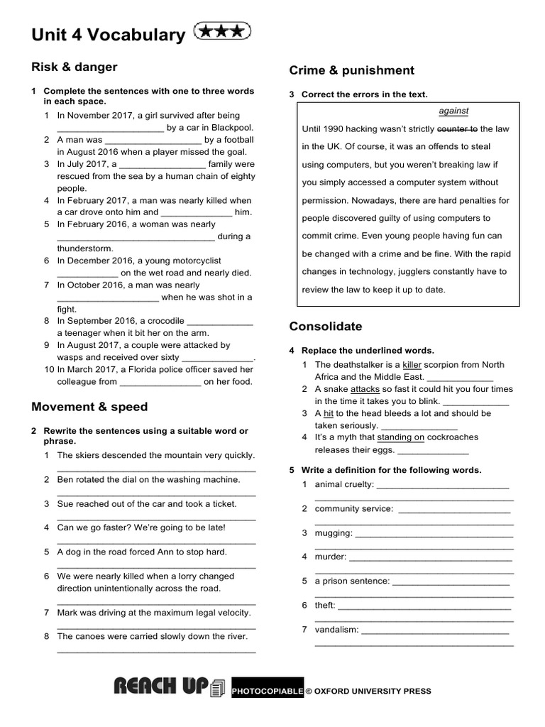 Unit 4 Vocabulary: Risk & Danger Crime & Punishment | PDF | Law ...