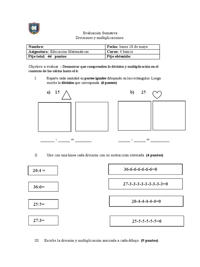 Prueba Sumativa División y Multiplicacion | PDF