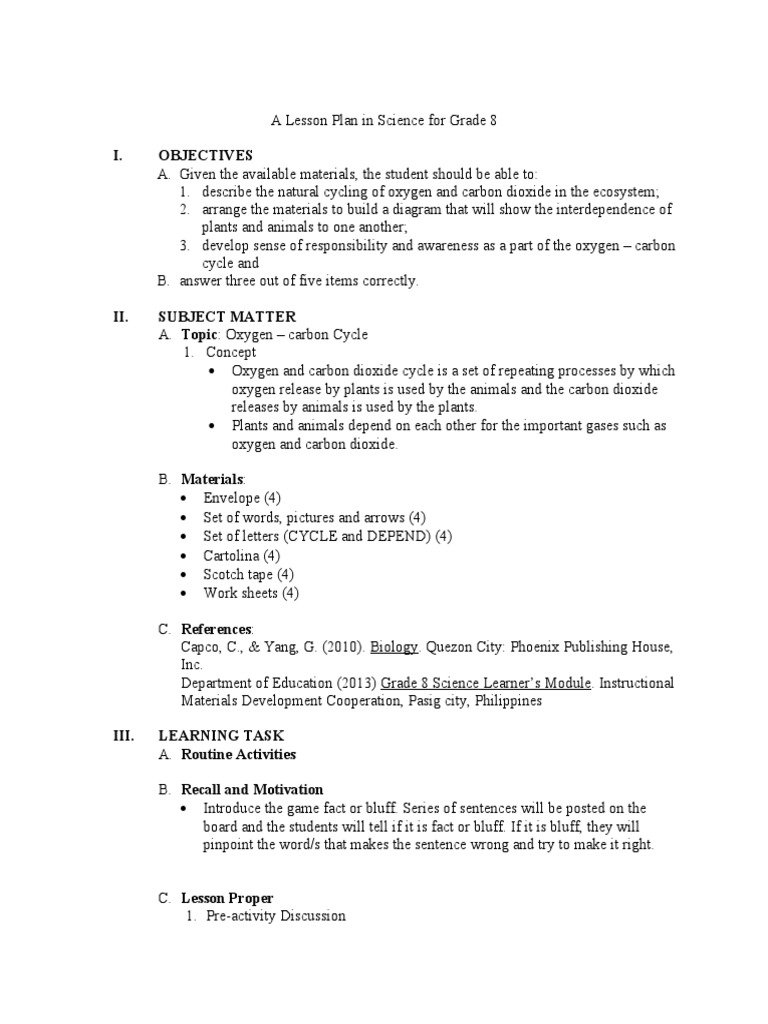 Grade 8 Lesson Plan: Carbon-Oxygen Cycle | PDF | Photosynthesis | Oxygen