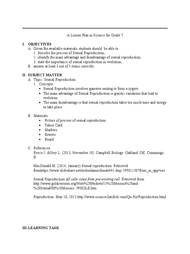 Lesson Plan - Sexual Reproduction | PDF | Reproduction | Sexual ...
