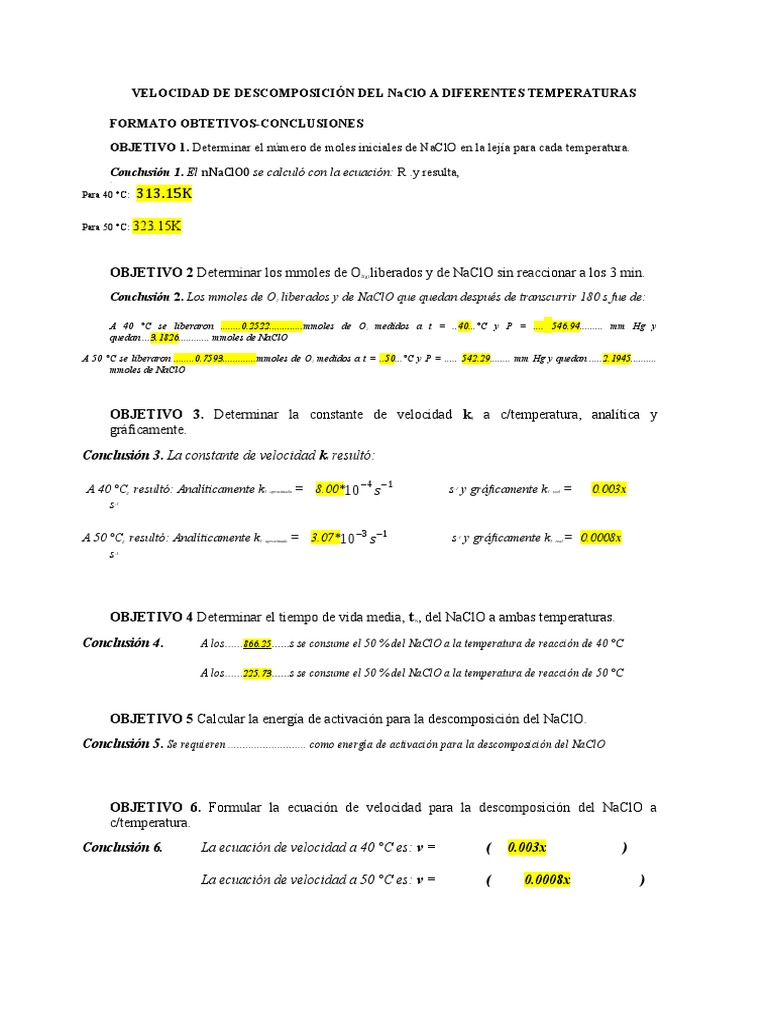VELOCIDAD DE DESCOMPOSICIÓN DEL NaClO A DIFERENTES TEMPERATURAS | PDF ...