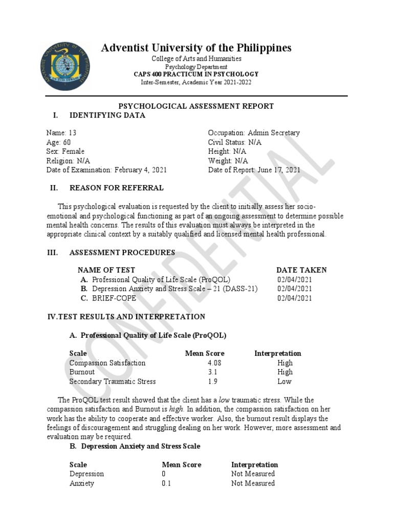 A Psychological Assessment Report Providing Recommendations to Enhance ...