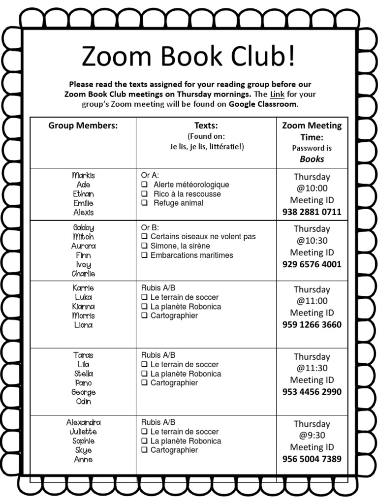 Zoom Book Club Schedule and Details | PDF