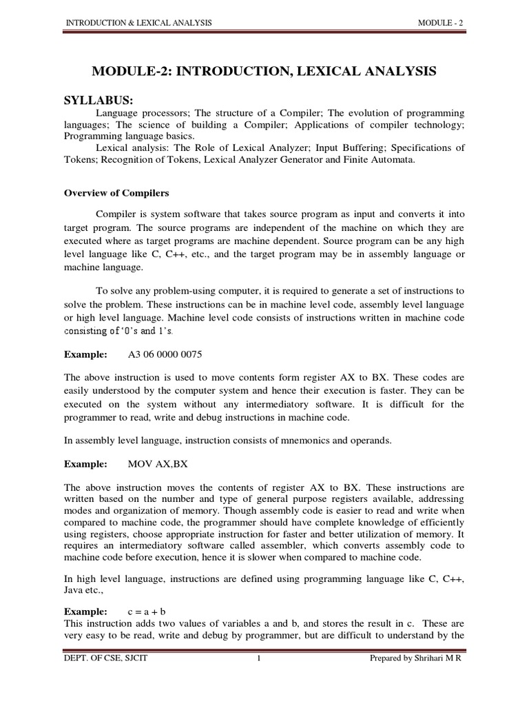 Module-2: Introduction, Lexical Analysis: Syllabus | PDF | Assembly ...