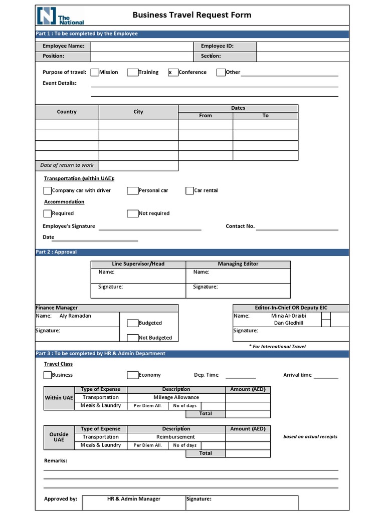 Business Travel Request Form: Part 1: To Be Completed by The Employee ...