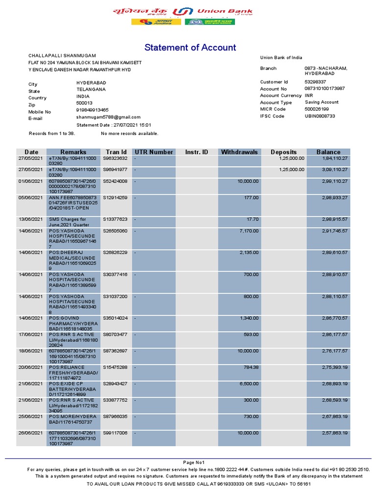 Statement of Account: Date Tran Id Remarks UTR Number Instr. ID ...