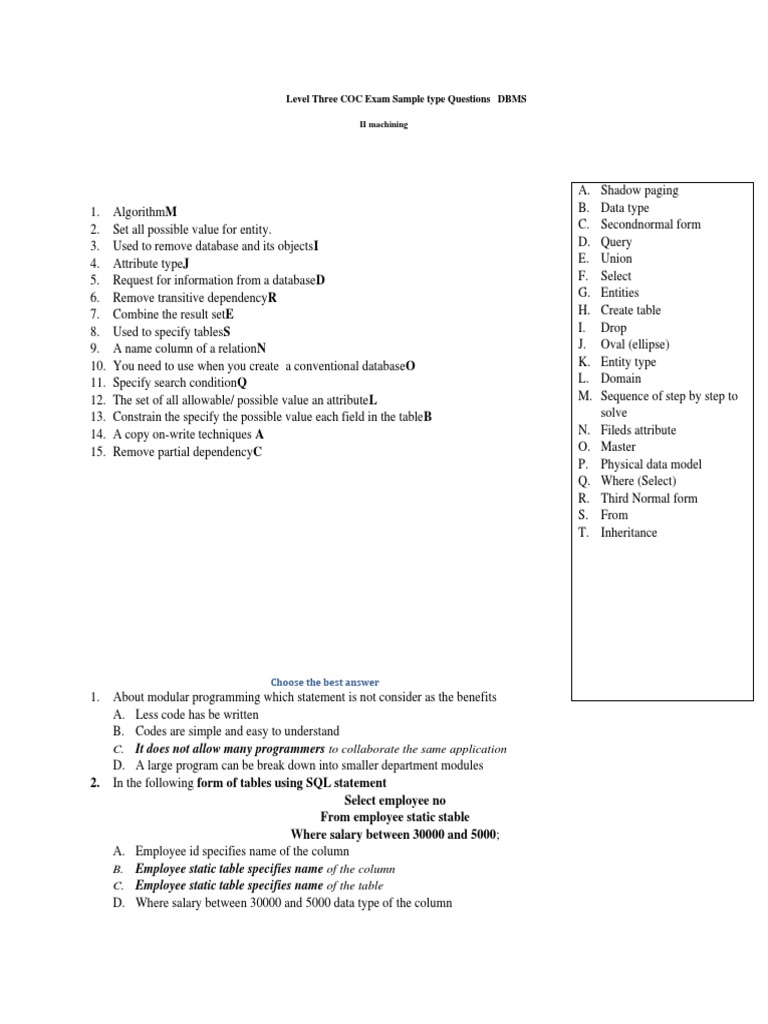 Level Three COC Exam Sample Type Questions DBMS | Download Free PDF ...