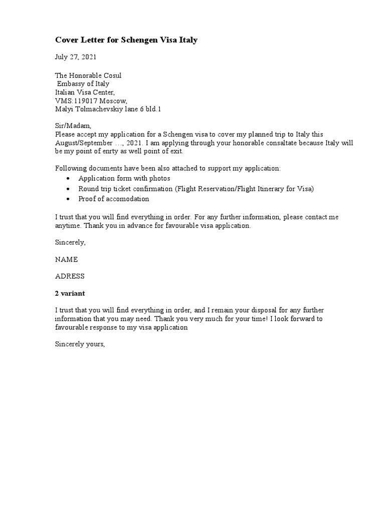 Cover Letter For Schengen Visa Italy | PDF