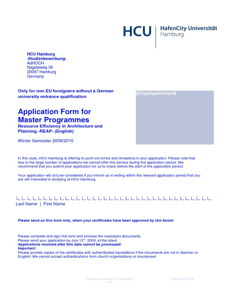 Application Form For Master Programmes: HCU Hamburg - Studienbewerbung ...