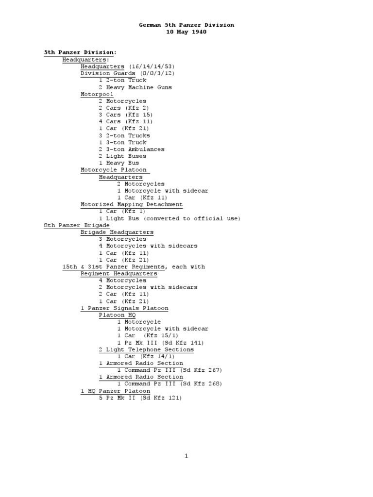 German 5th Panzer Division 10 May 1940 | PDF | Platoon | Company ...