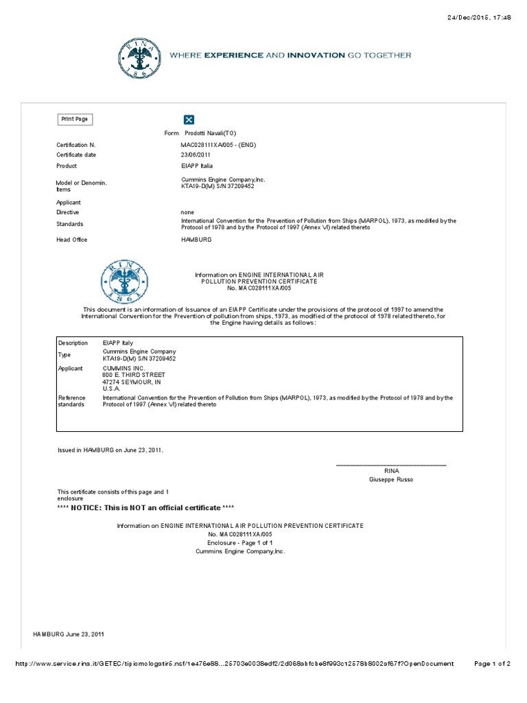 EIAPP engine certification document | PDF