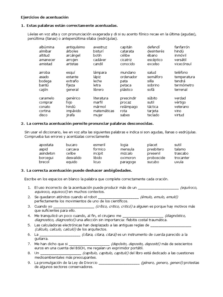 Ejercicios de Acentuación | PDF