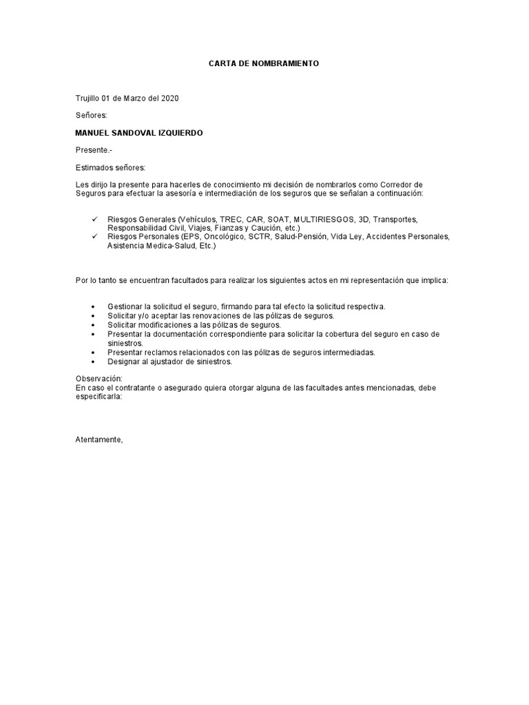 Carta de Nombramiento Actualizado Sbs | Descargar gratis PDF | Póliza de seguros | Seguro