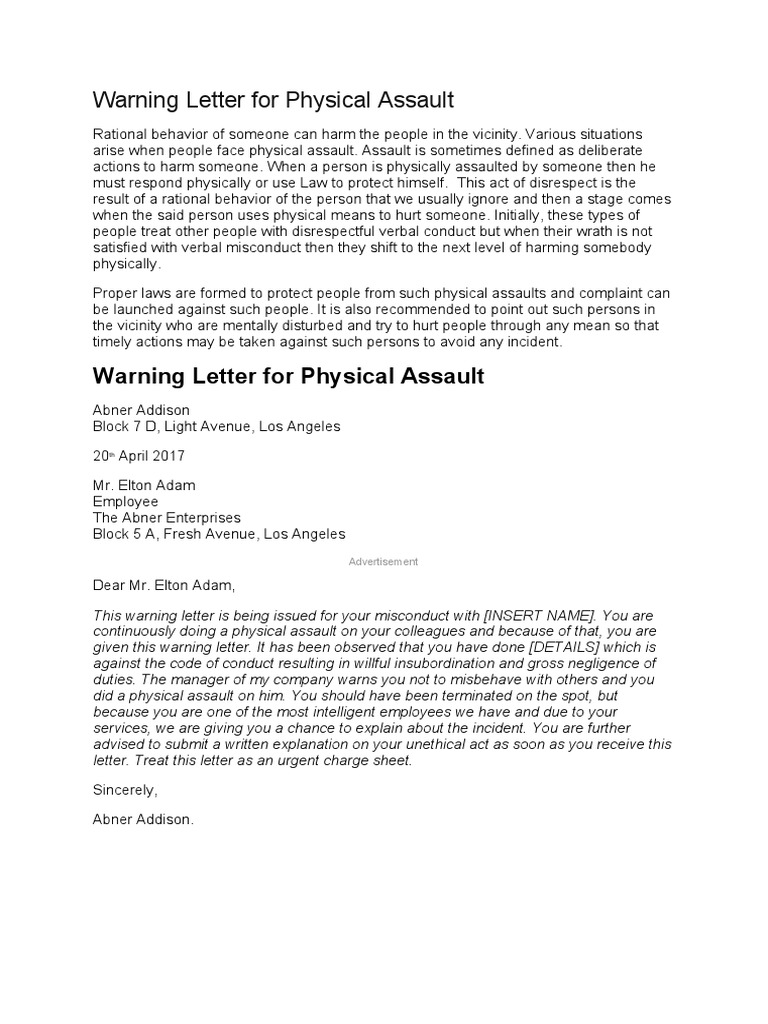 Warning Letter For Physical Assault | PDF | Assault | Applied Ethics