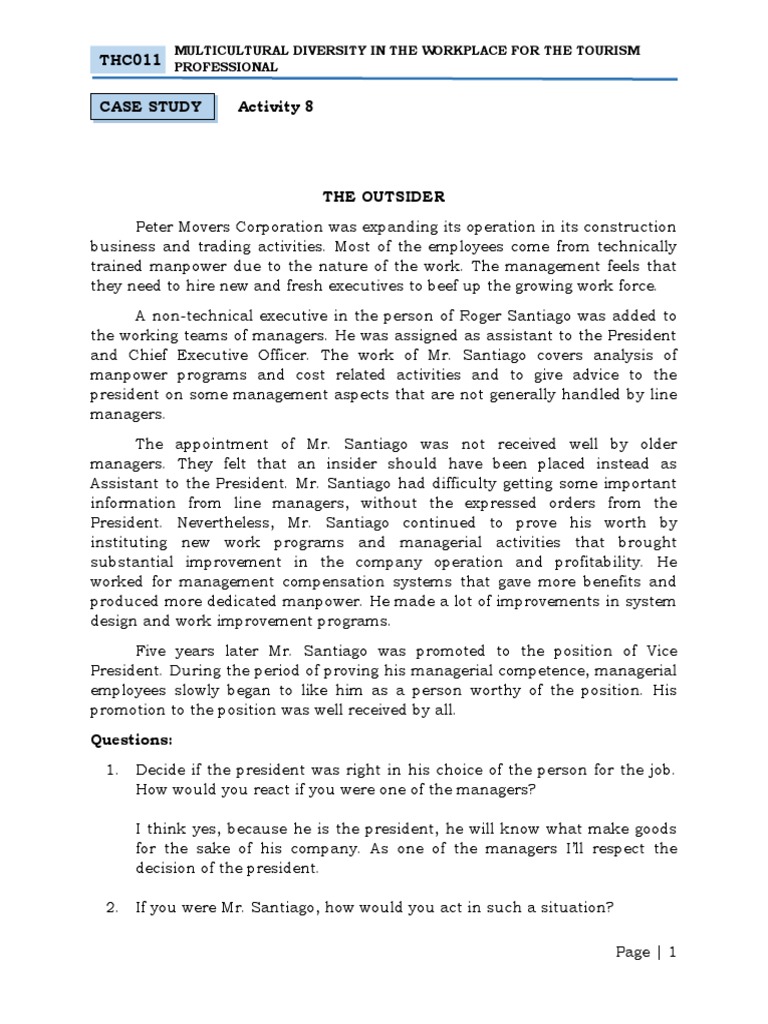 THC011 Activity 8 Case Study: Multicultural Diversity in The Workplace For The Tourism ...