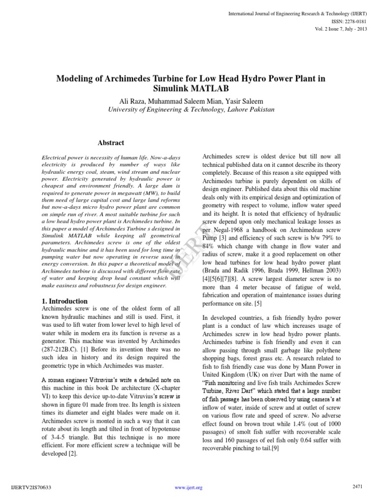 Modeling the Efficiency of Low-Head Archimedes Turbines for Micro-Hydro Power Plants Using ...