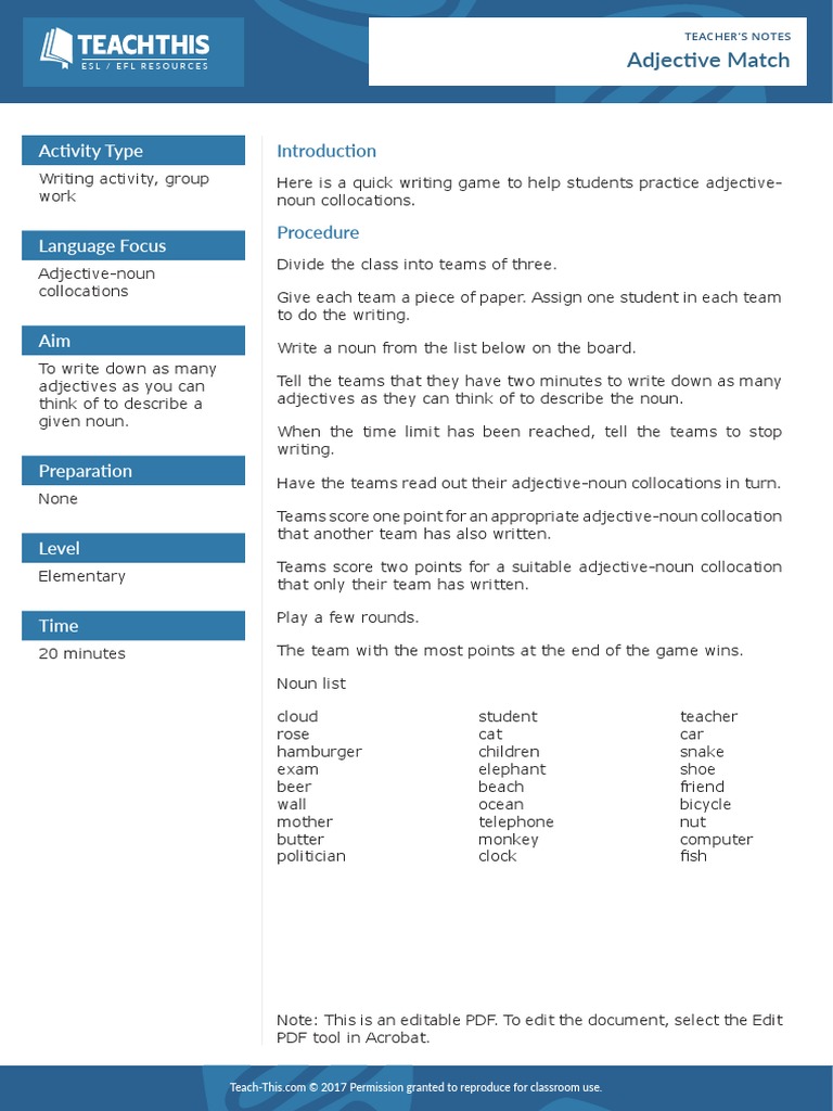 Adjective Match | PDF | English As A Second Or Foreign Language | Adjective