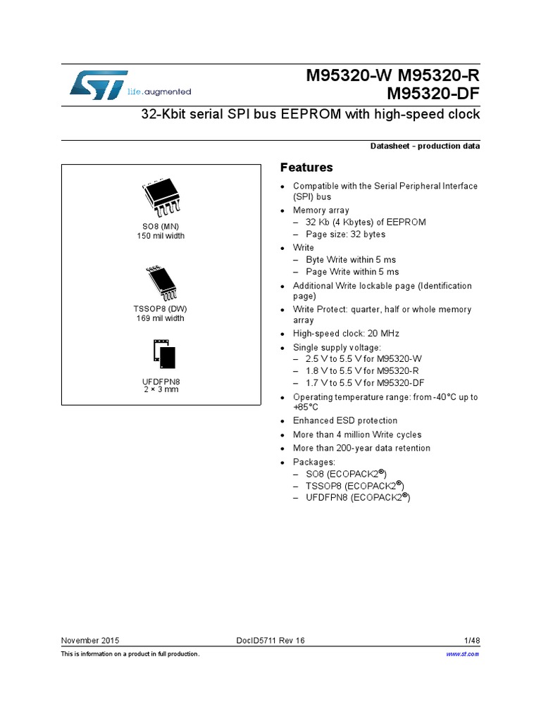M95320-W M95320-R M95320-DF: 32-Kbit Serial SPI Bus EEPROM With High-Speed Clock | PDF | Input ...