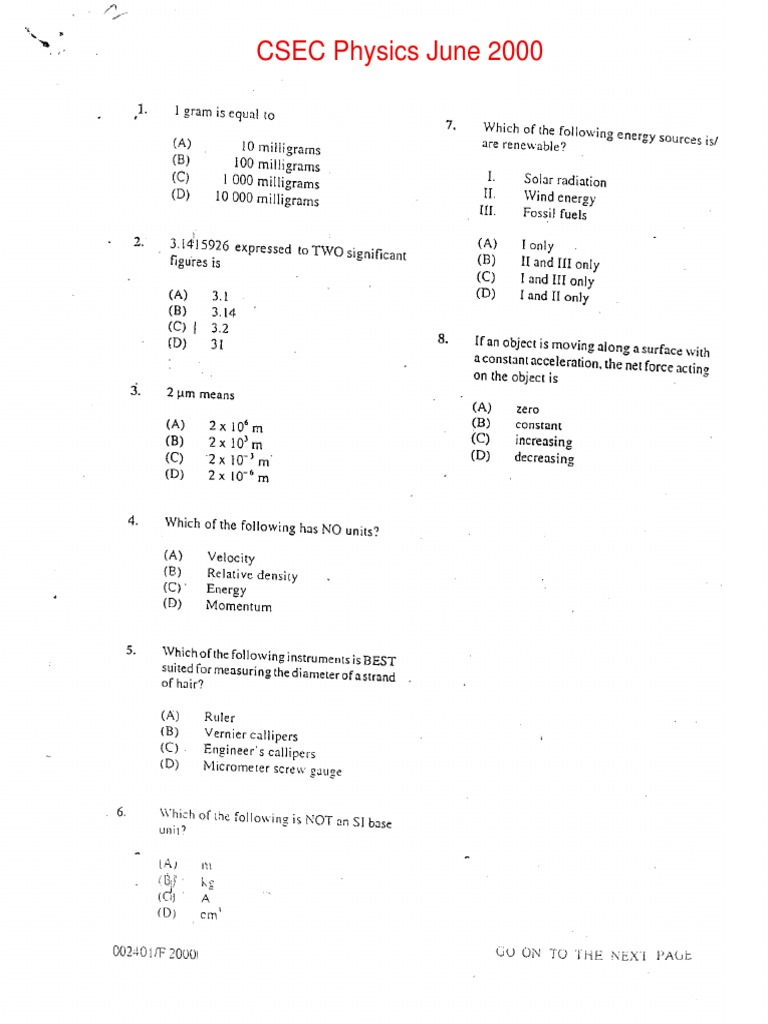 CSEC Physics June 2000 P1 | PDF | Mirror | Natural Philosophy
