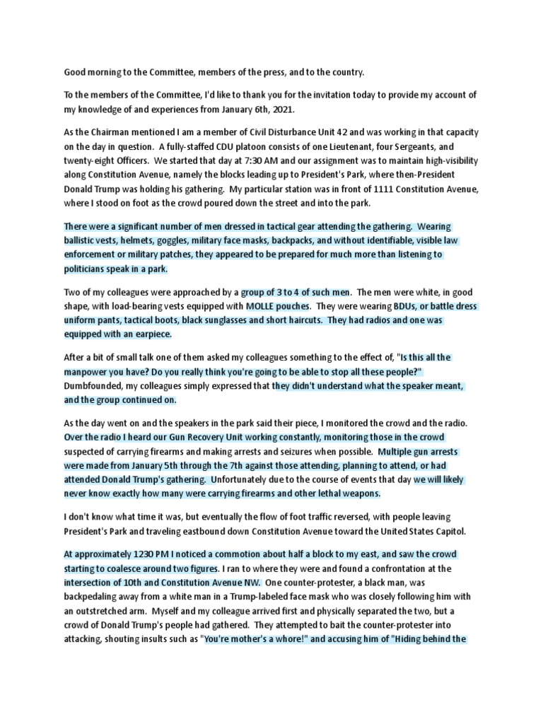 MPD Officer Hodges Written July 27th Testimony | PDF | Violence | Nature