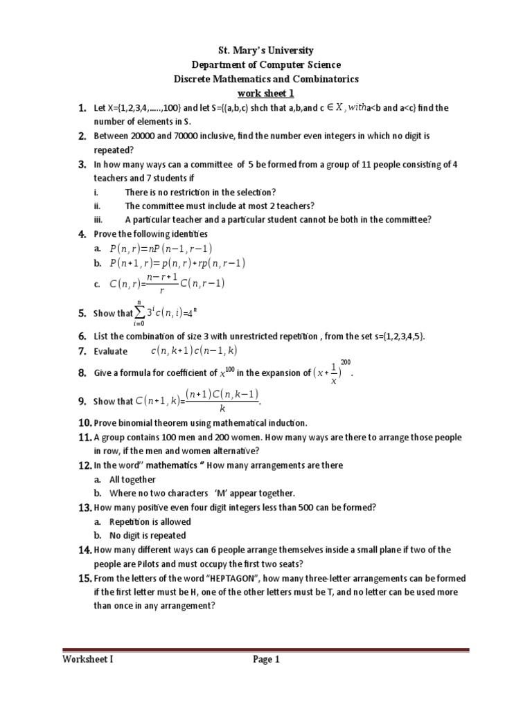 Discrete Mathematics Worksheet 1 | PDF | Telephony | Teaching Mathematics