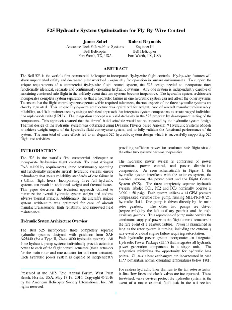 525 Hydraulic System Optimization For Fly-By-Wire Control Paper AHS F72 ... | PDF | Actuator ...