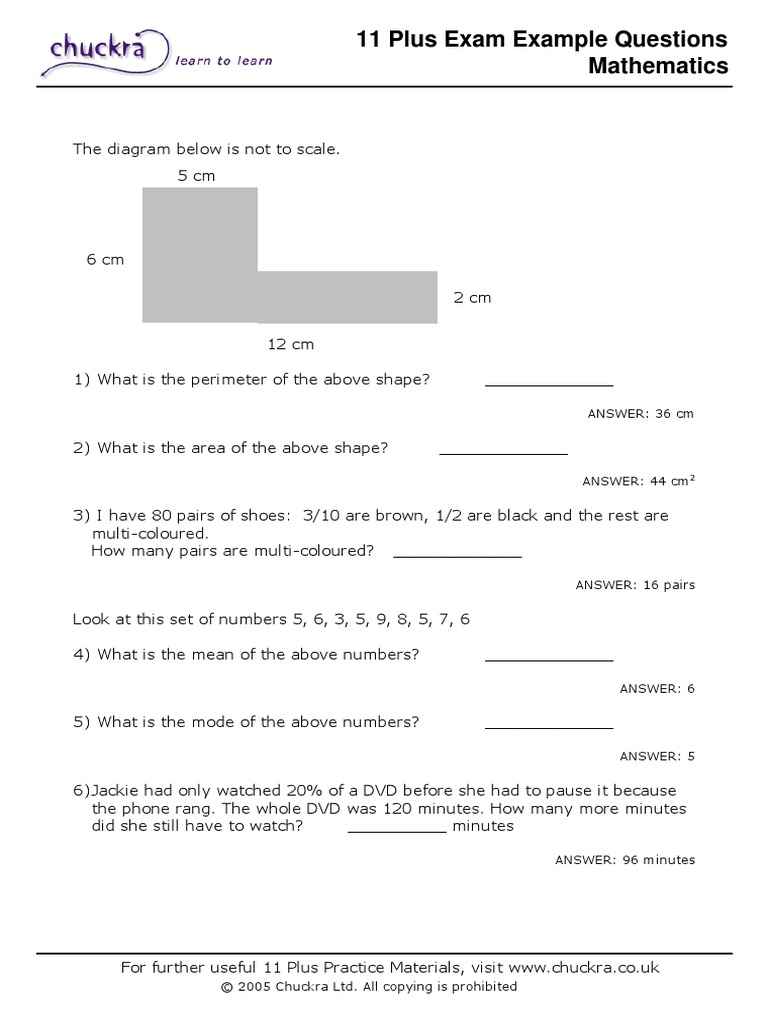 Mathematics 11 Plus Exam Example Questions: ANSWER: 36 CM | PDF