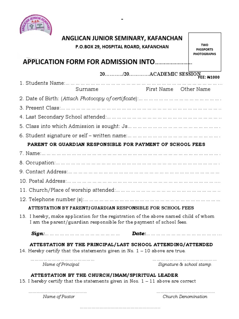 Application Form For Admission Into: - Anglican Junior Seminary ...