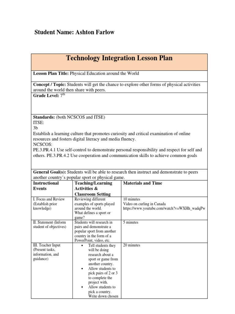 Technology Integration Lesson Plan: Student Name: Ashton Farlow | PDF ...
