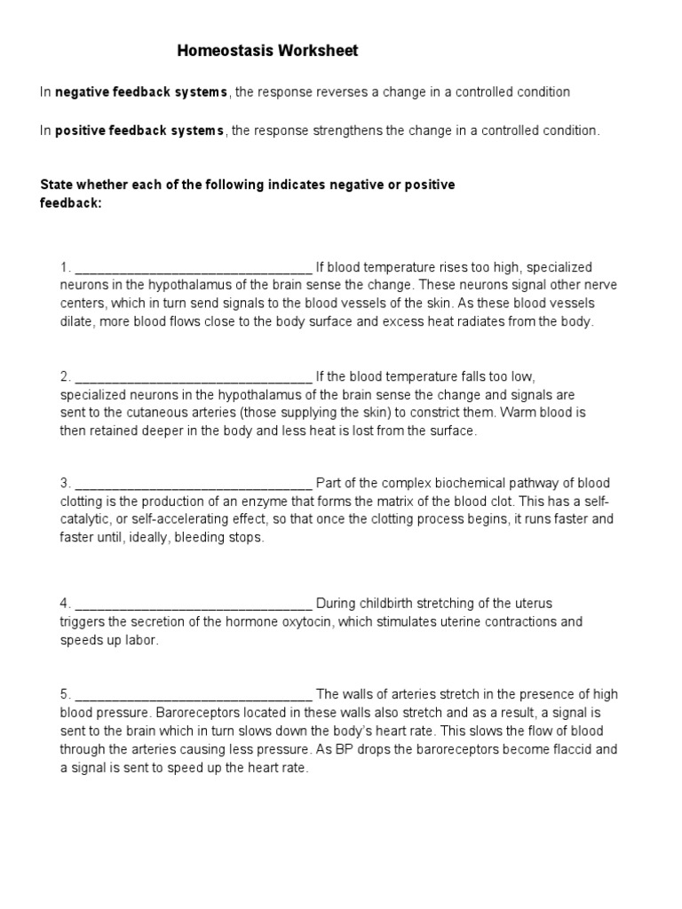 Homeostasis Worksheet: State Whether Each of The Following Indicates ...