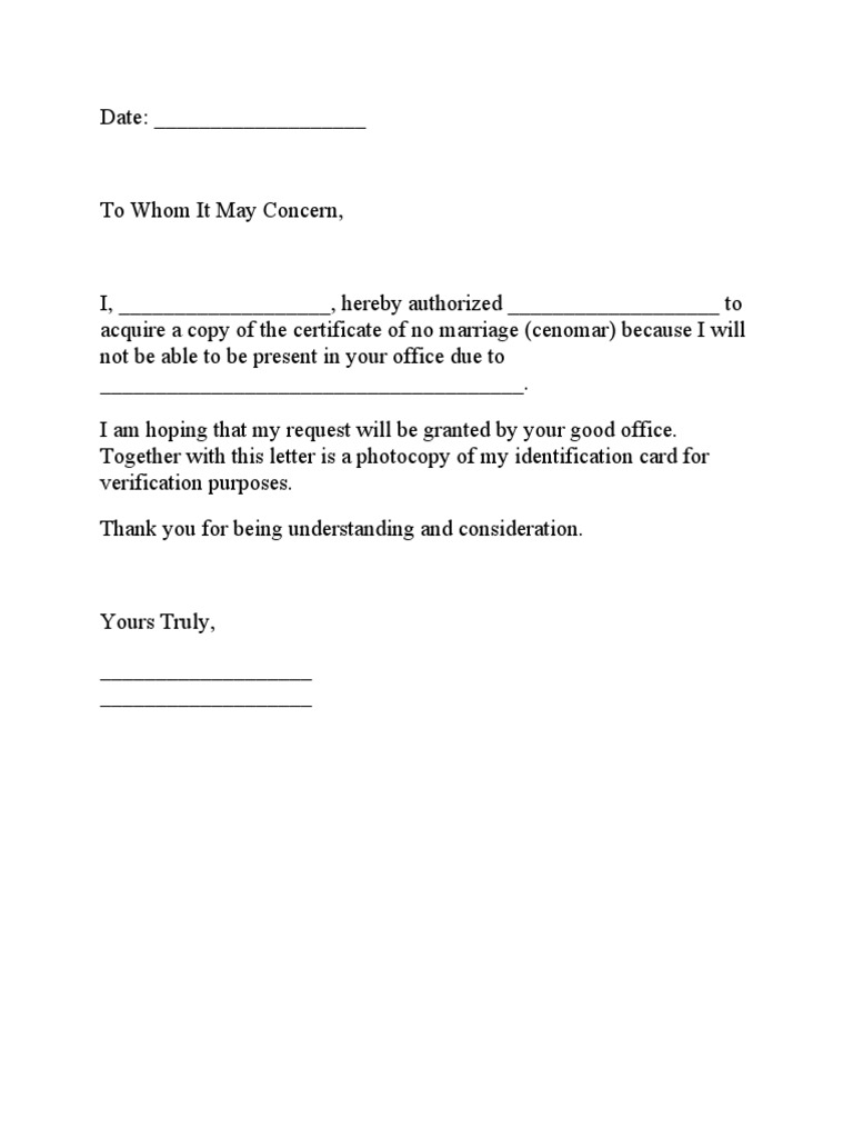 Authorization Letter For Cenomar Certificate Of Marriage Pdf
