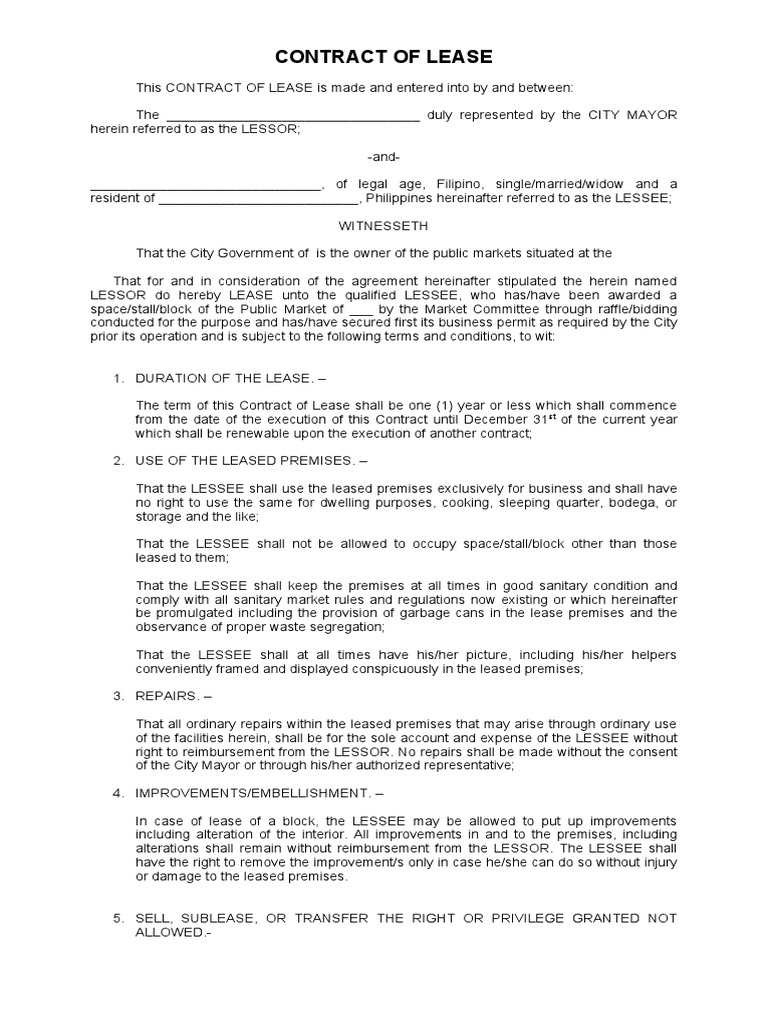 CONTRACT of LEASE For Market Stalls | PDF | Contract Law | Lease