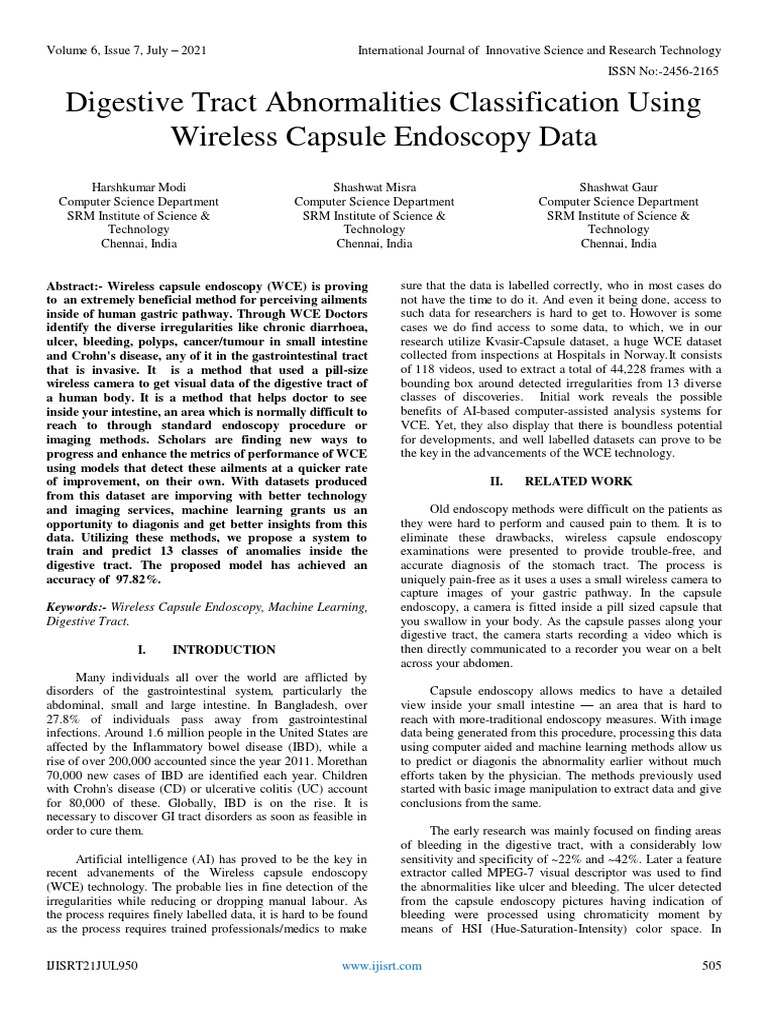 Digestive Tract Abnormalities Classification Using Wireless Capsule Endoscopy Data | PDF ...