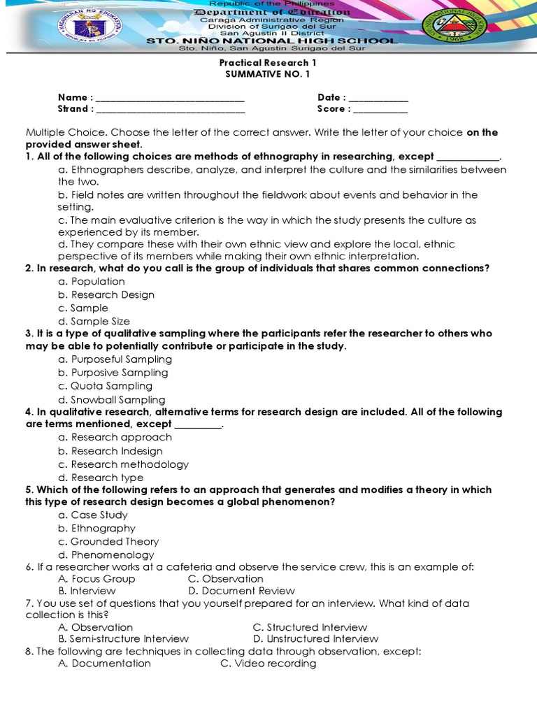 Practical Research Summative Assessments | PDF | Ethnography ...