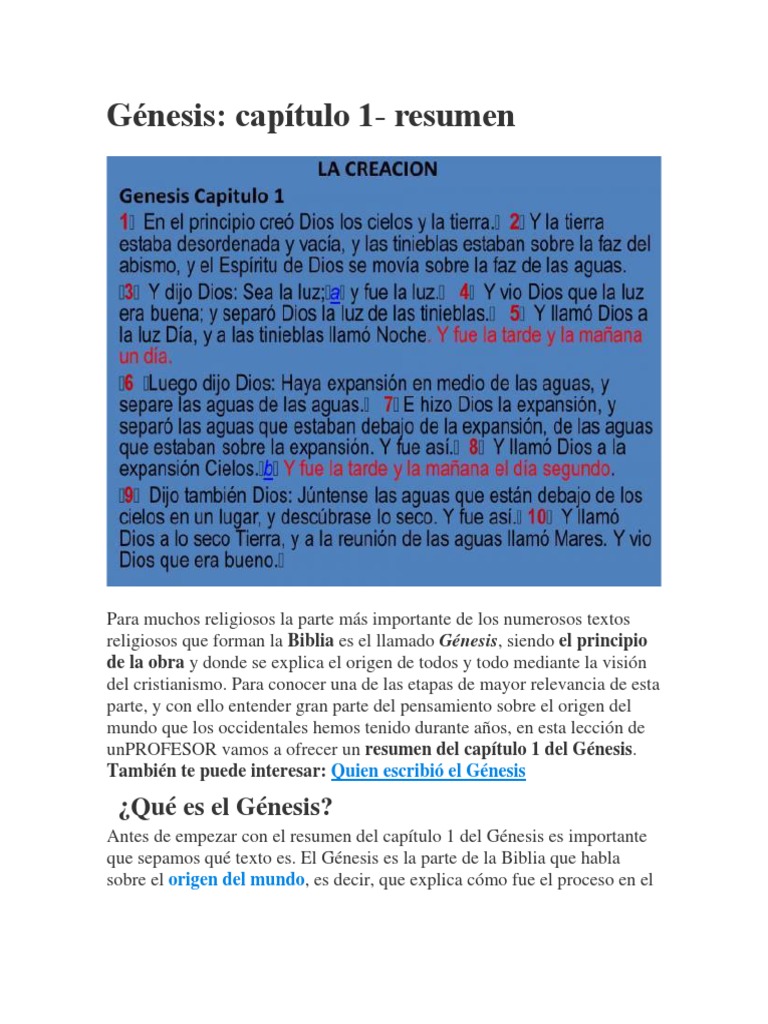 Génesis Resúmen Capítulo 1 | PDF | Mitos de la creación | Libro del Génesis