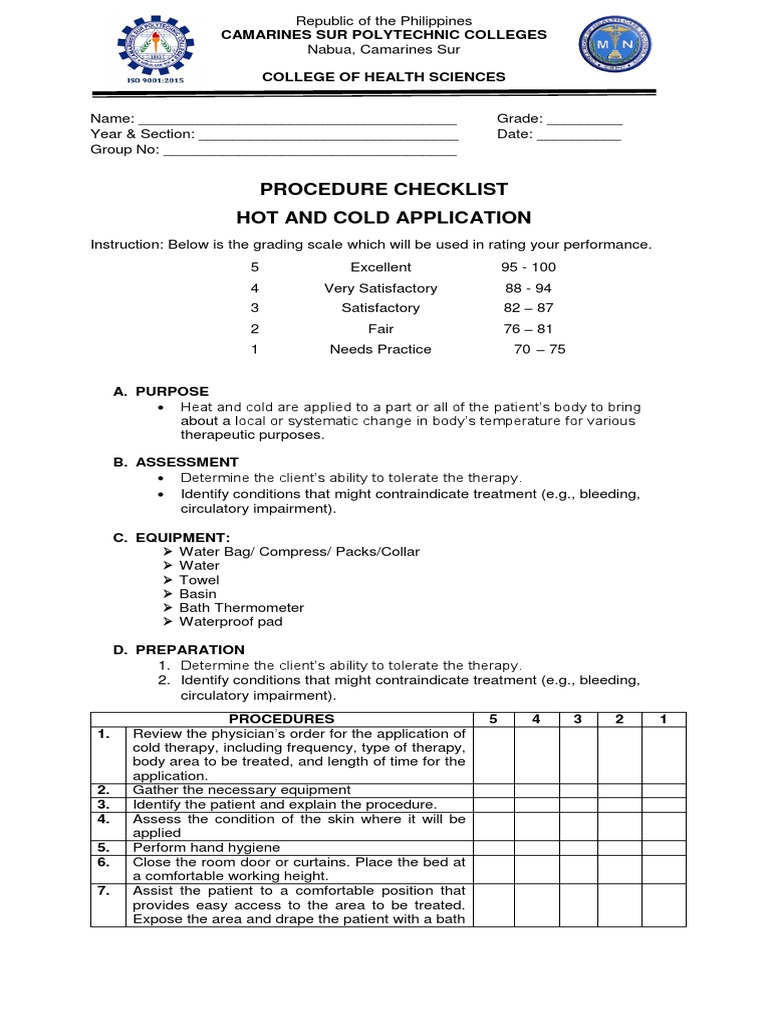 Procedure Checklist Hot and Cold Application: Camarines Sur Polytechnic ...