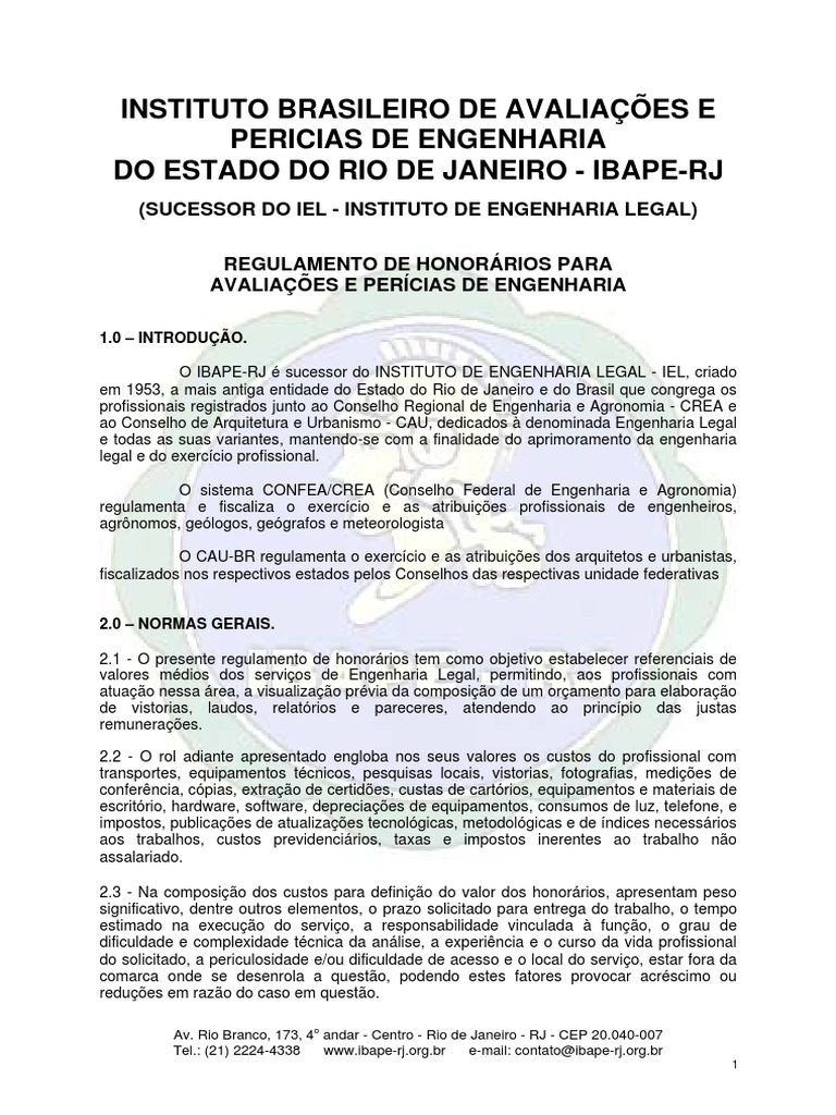 Regulamento de Honorários IBAPE-RJ | PDF | Rio de Janeiro | Engenharia