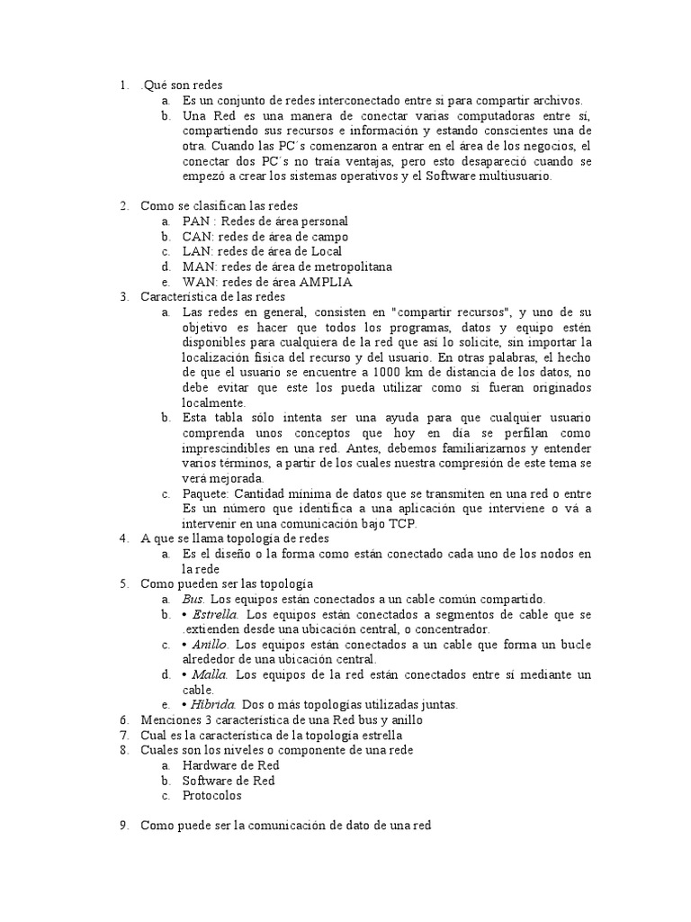 Cuestionario de Redes | PDF | Topología de la red | Red de computadoras