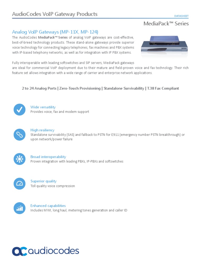 Audiocodes Voip Gateway Products Mediapack™ Series: Analog Voip Gateways (Mp-11X, Mp-124) | PDF ...