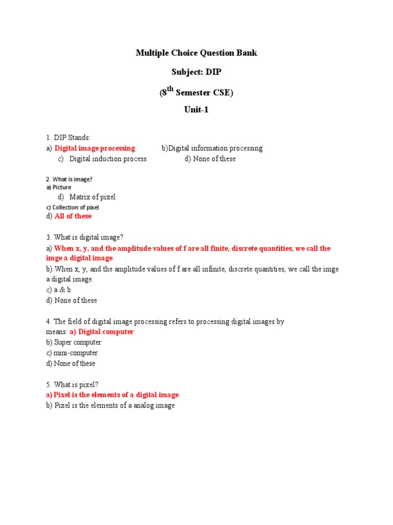 MCQ UNIT1andUNIT2 DIP | PDF | Low Pass Filter | Digital Image