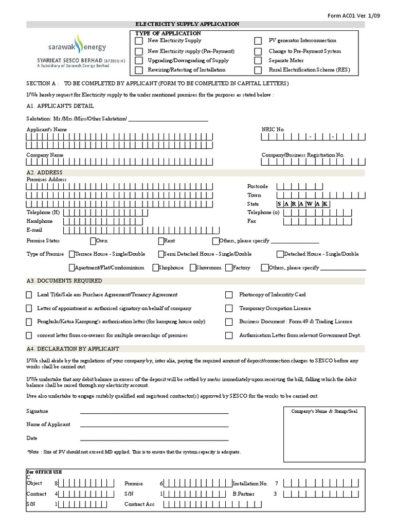 Electricity Supply Application Type of Application: Form AC01 Ver. 1/09 ...