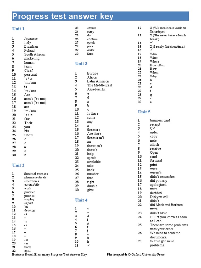 Progress Test Answer Key: Unit 1 | PDF | Business