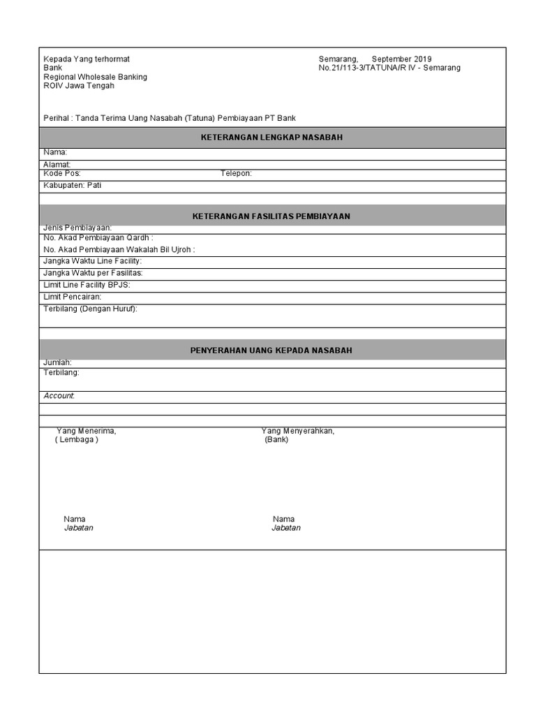 Contoh Form Tatuna (Tanda Terima Uang Nasabah) | PDF