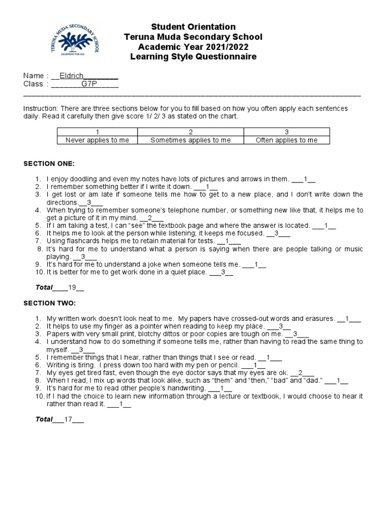 To Students-Learning Style Questionnaire-TMSS | PDF | Teaching | Cognition