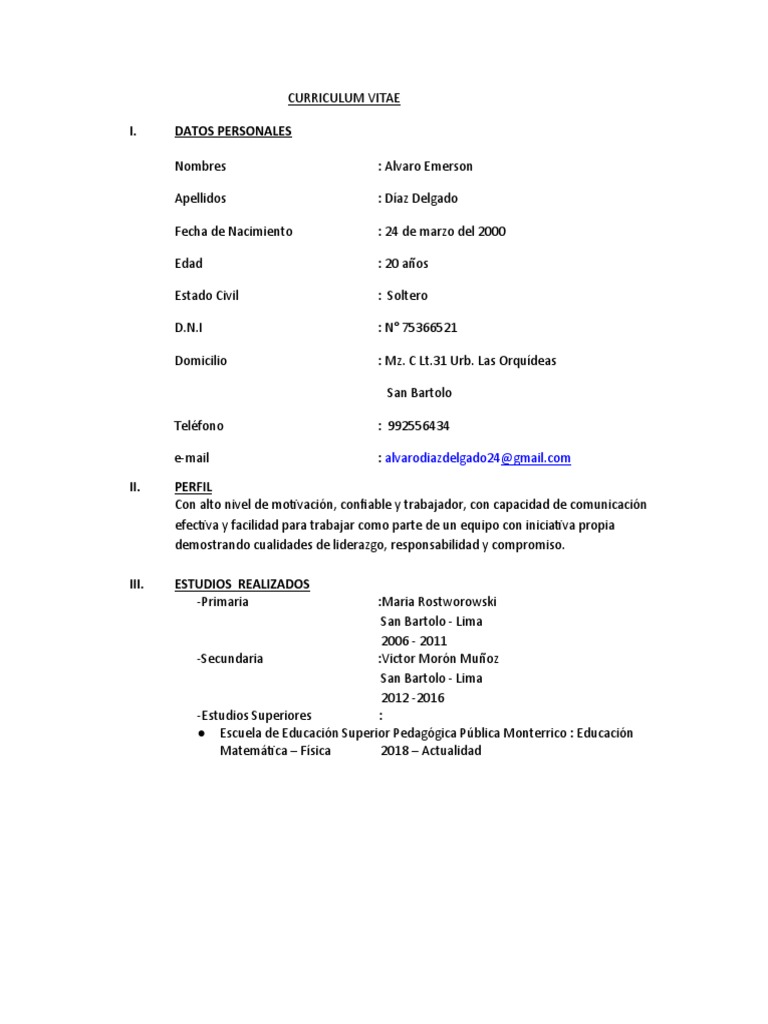Curriculum Vitae Alvaro Emerson Diaz Delgado | PDF
