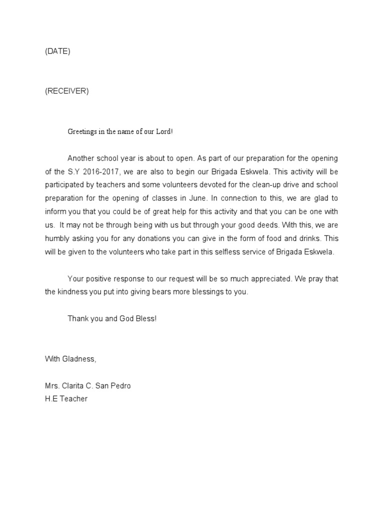 Solicitation Letter For Brigada Eskwela | PDF