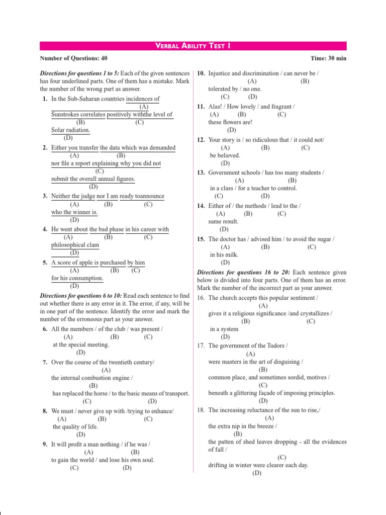 Verbal Ability Test 1: Directions For Questions 1 To 5: Each of The ...